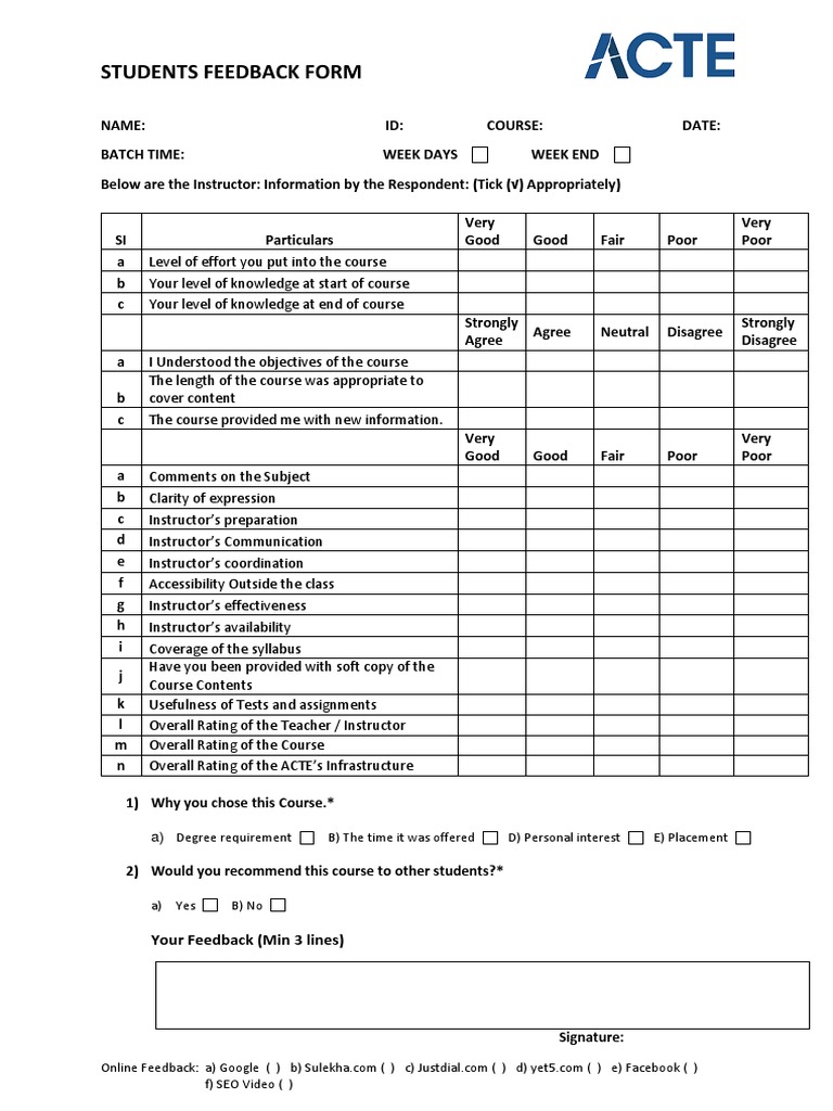 Students Feedback Form: Your Feedback (Min 3 Lines) | PDF | Communication