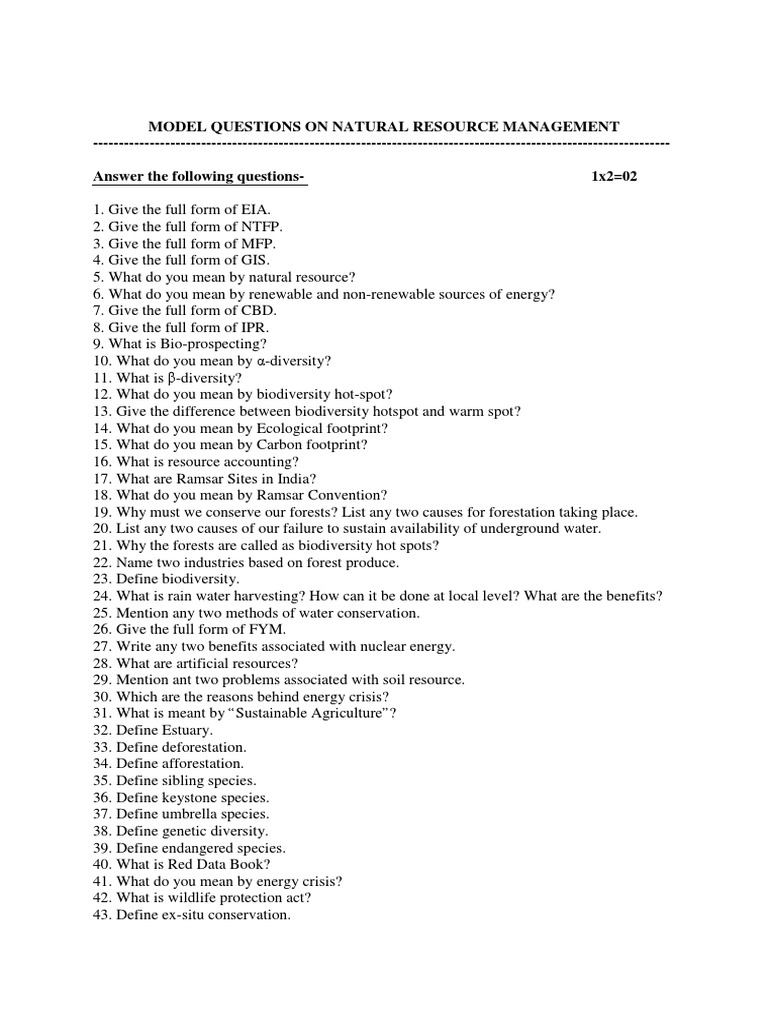 Model Questions On Natural Resource Management - Answer The Following ...