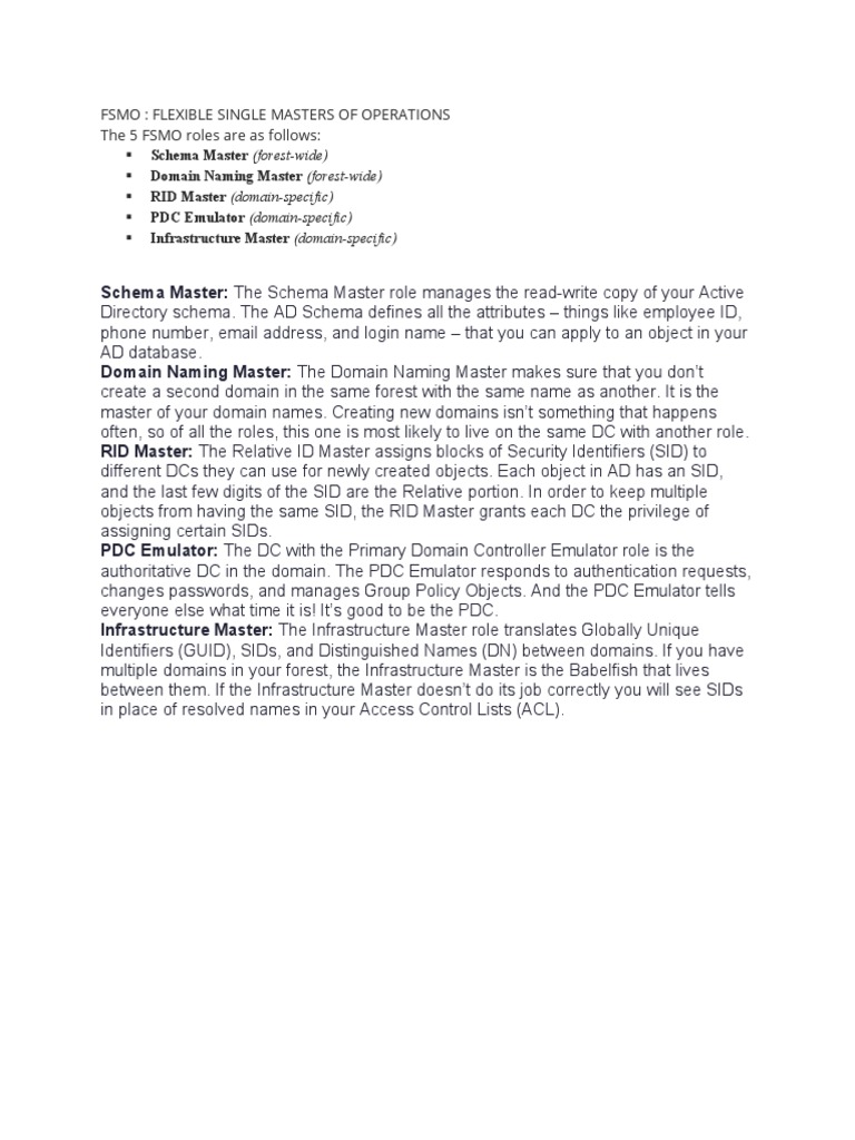 The 5 FSMO Roles Are As Follows | PDF | Active Directory | Command Line ...