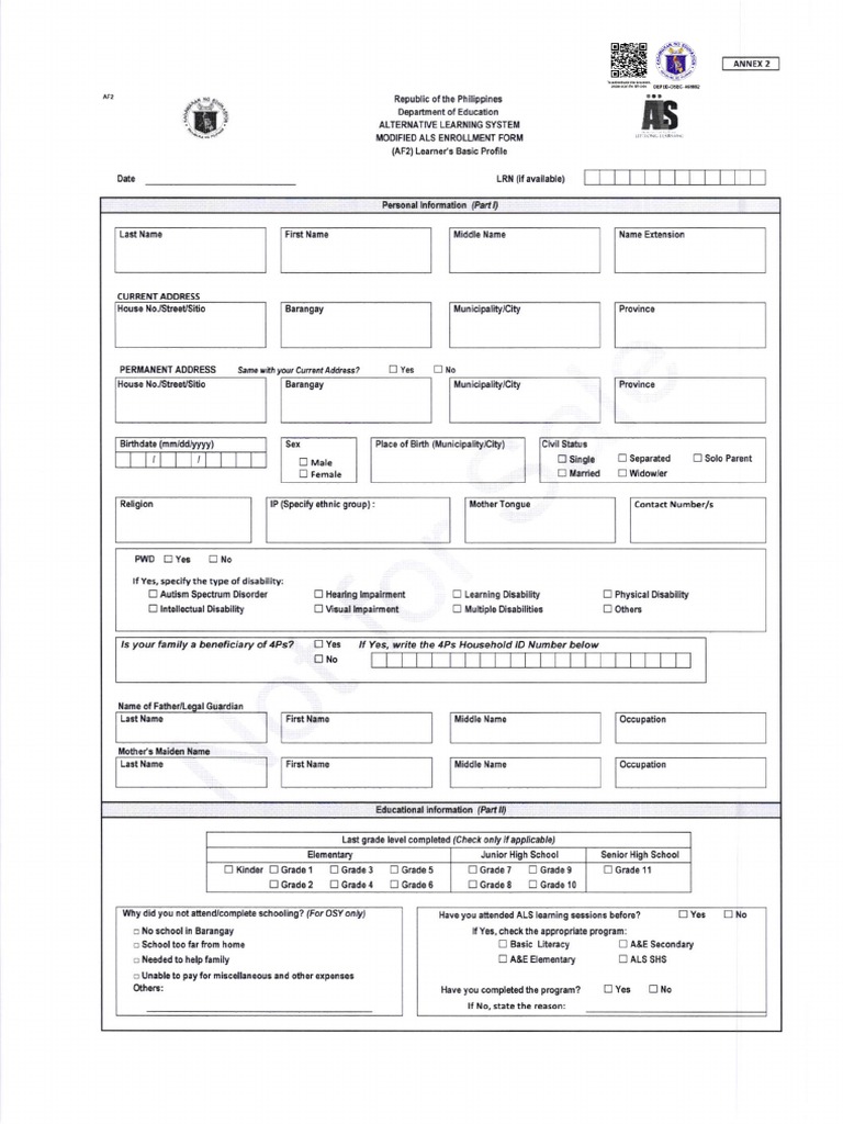 ALS Form 2 AF2 - Enrollment Form - SY 2022 2023 | PDF