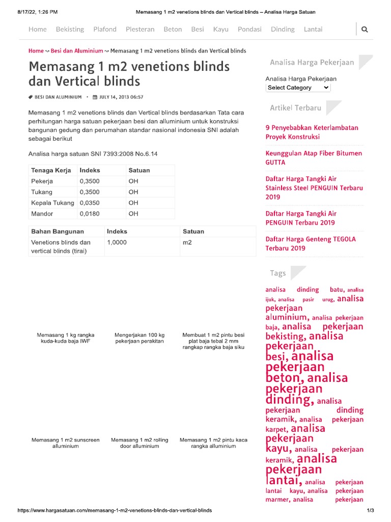Memasang 1 m2 Venetions Blinds Dan Vertical Blinds - Analisa Harga Satuan | PDF