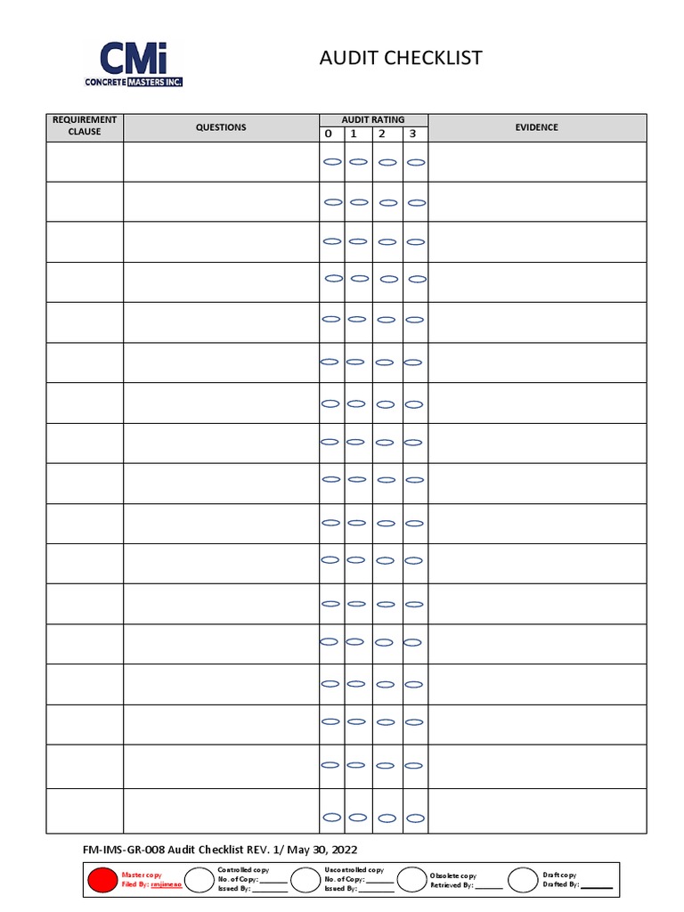Audit Checklist: Requirement Clause Questions Audit Rating Evidence ...