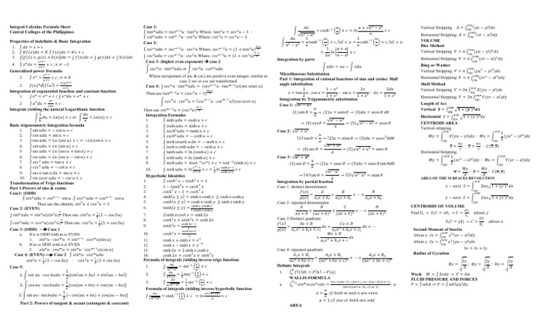 Integral Calculus Formula Sheet | PDF | Trigonometric Functions | Calculus