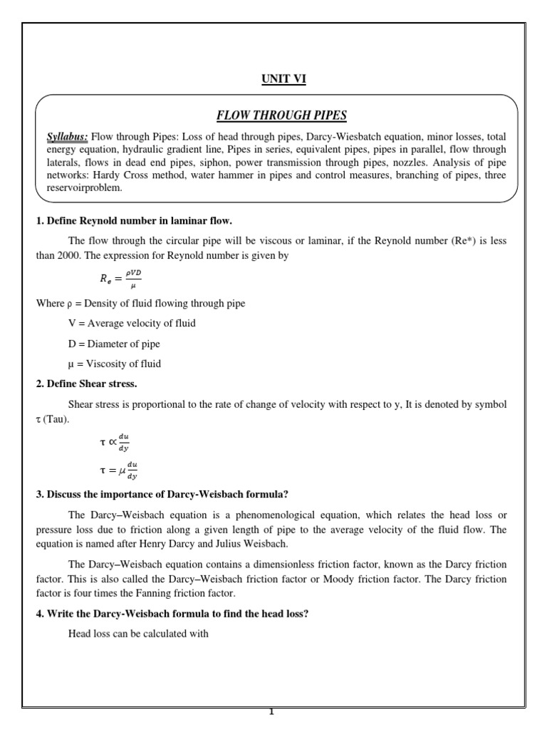 Unit-6 Flow Through Pipes | PDF | Fluid Dynamics | Reynolds Number