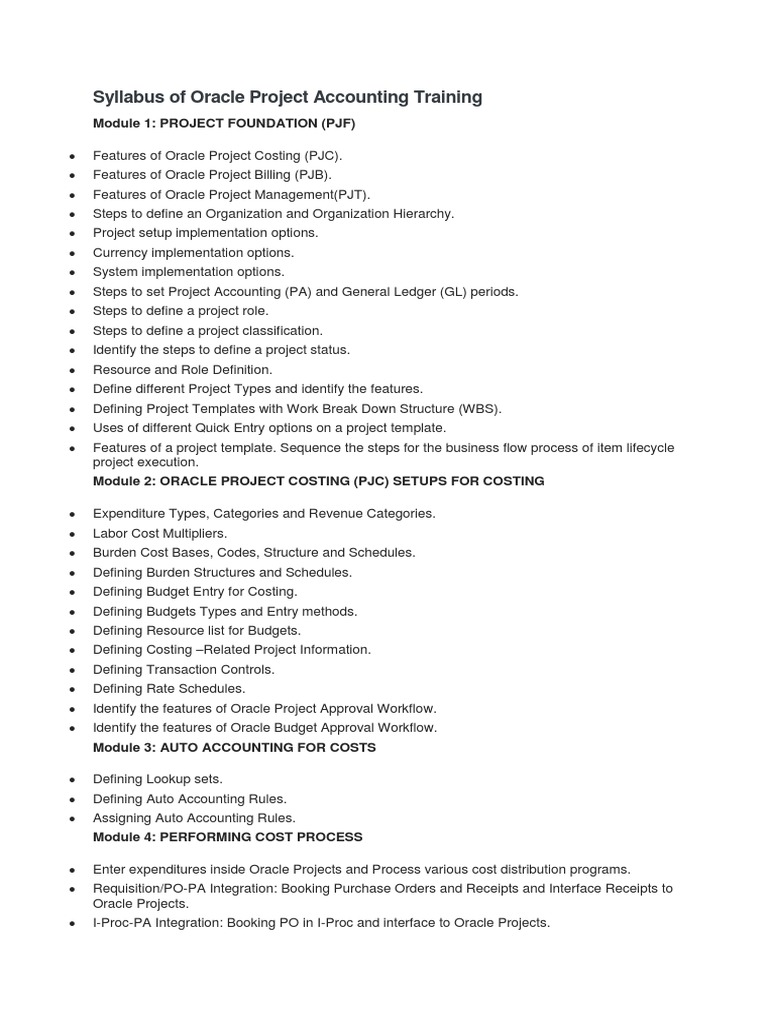 Syllabus Of Oracle Project Accounting Training Pdf Revenue