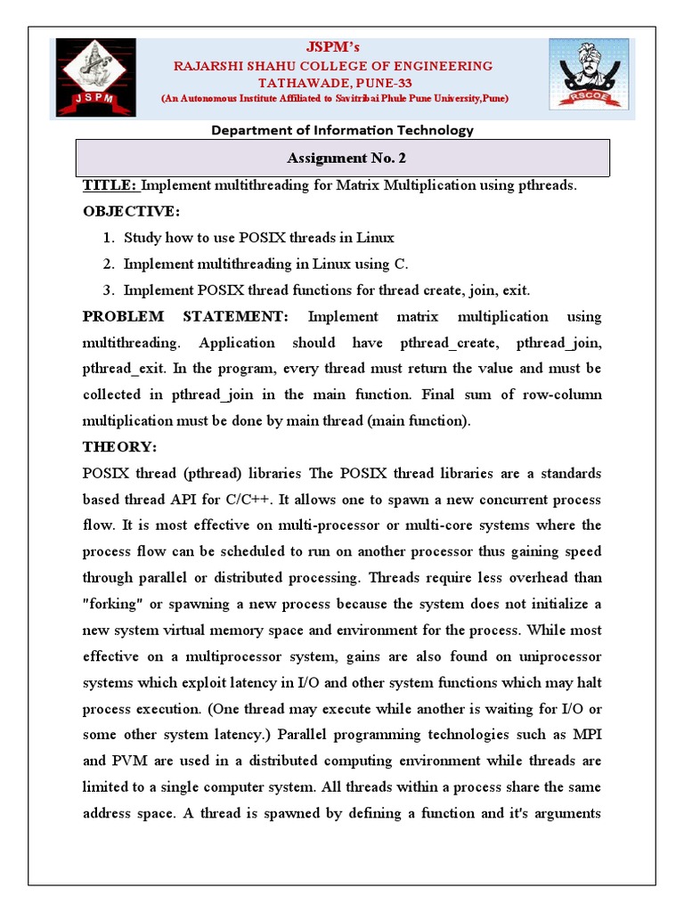 Department Of Information Technology Assignment No 2 Title Implement Multithreading For Matrix 