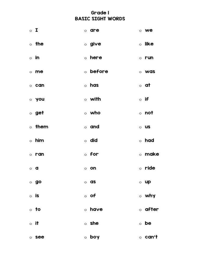 Basic Sight Words (Grade 1) | PDF