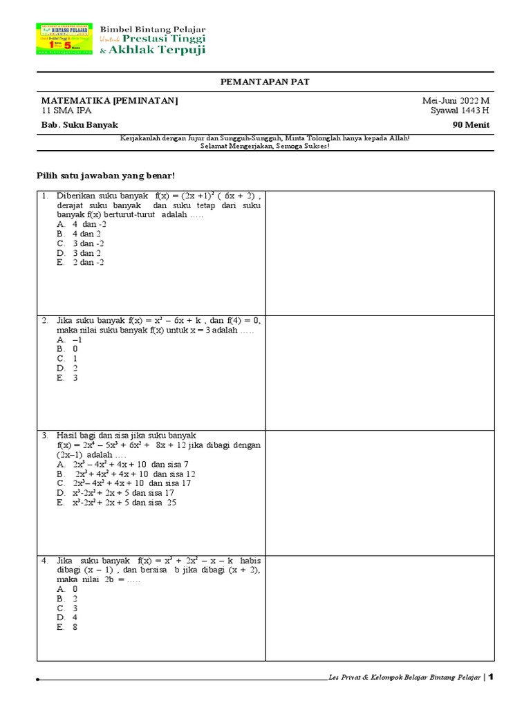 Bank Soal PAT Matematika IPA 11 SMA (Suku Banyak) (Layout) TA 21-22 | PDF