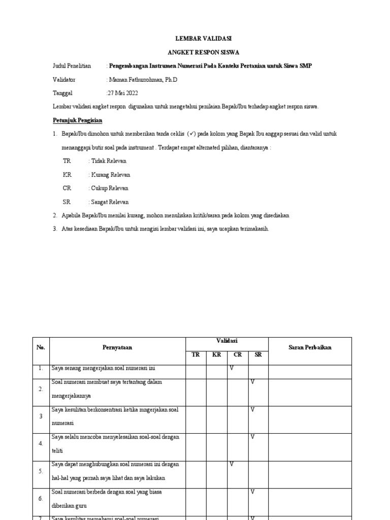 Contoh Lembar Validasi Angket Respon | PDF