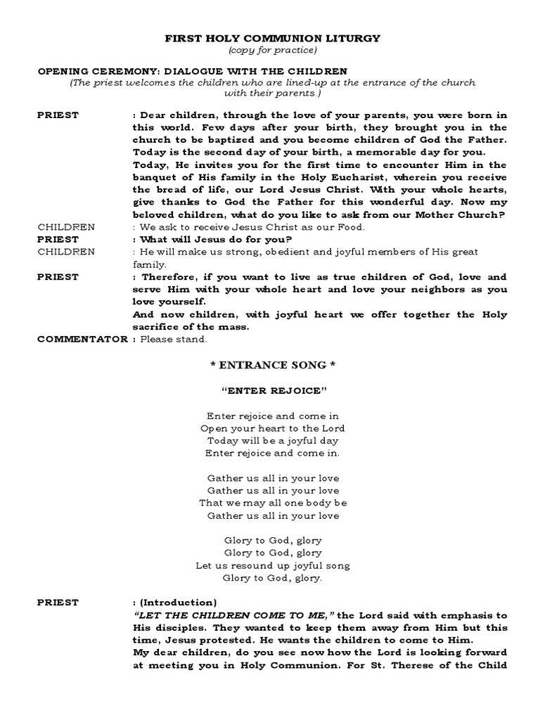First Holy Communion Liturgy | PDF | Eucharist | Lord's Prayer