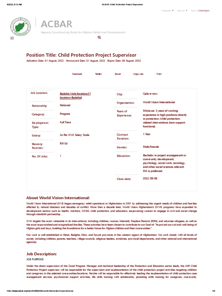 ACBAR - Child Protection Project Supervisor | PDF | Leadership | World Vision International