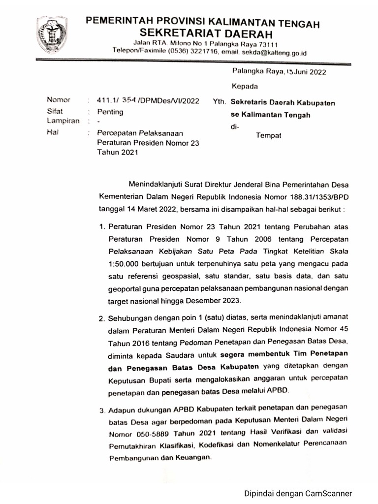 Surat Percepatan Pelaksanaan Perpres Nomor 23 Tahun 2021 | PDF