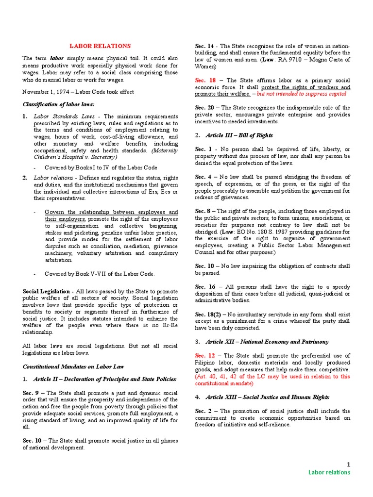 Labor Relations: Classification of Labor Laws | PDF | Cost Of Living ...