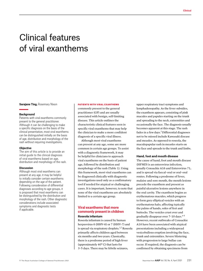 Clinical Features of Viral Exanthems: Sarajane Ting, Rosemary Nixon ...