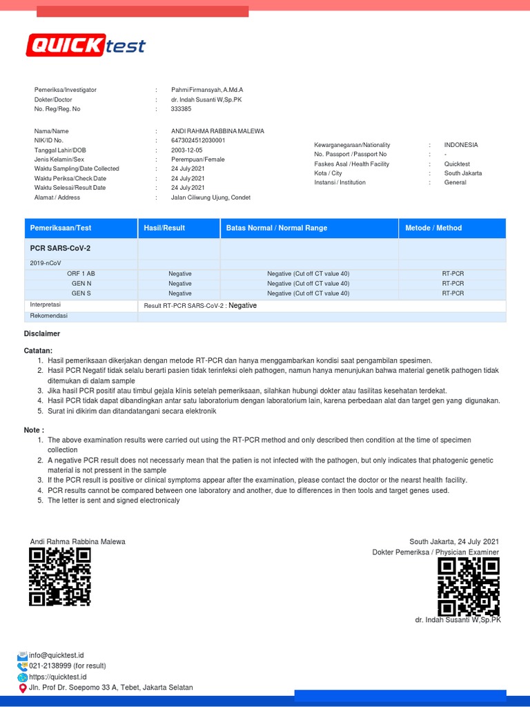 Quicktest Hasil PCR Test 240720210339 Andi Rahma Rabbina Malewa | PDF ...