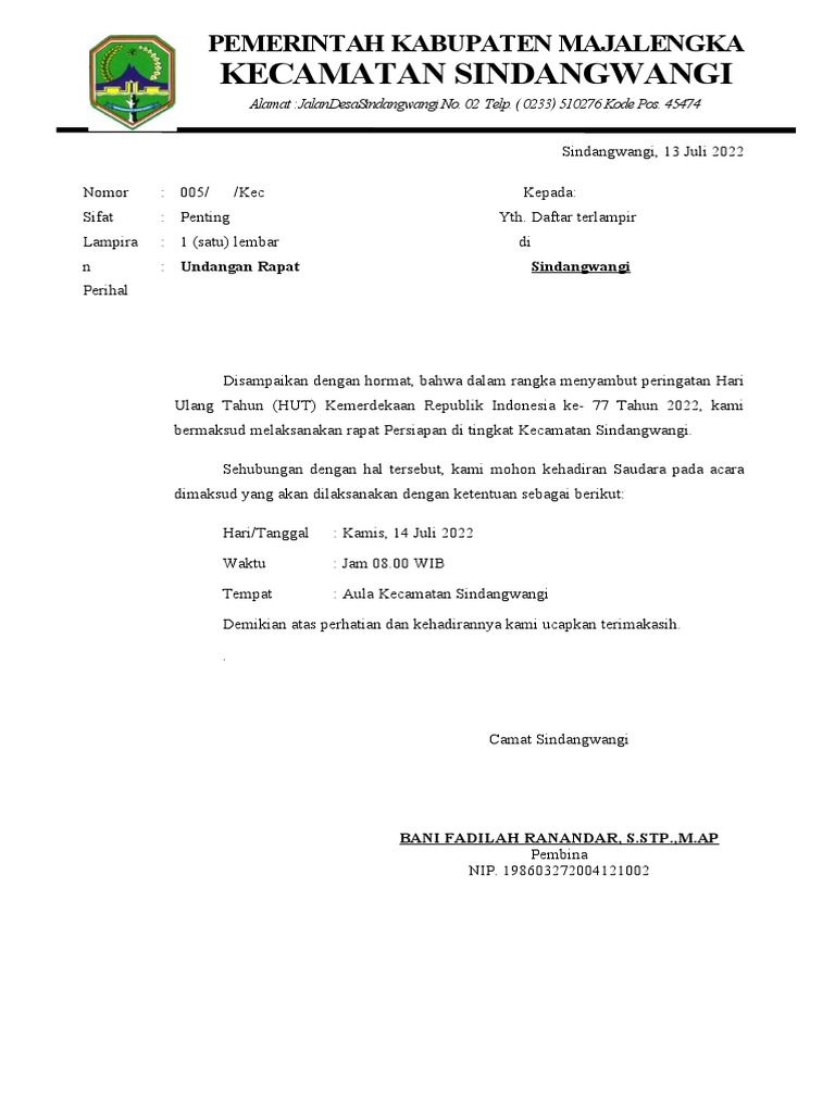Undangan Rapat HUT RI ke-77 Sindangwangi | PDF