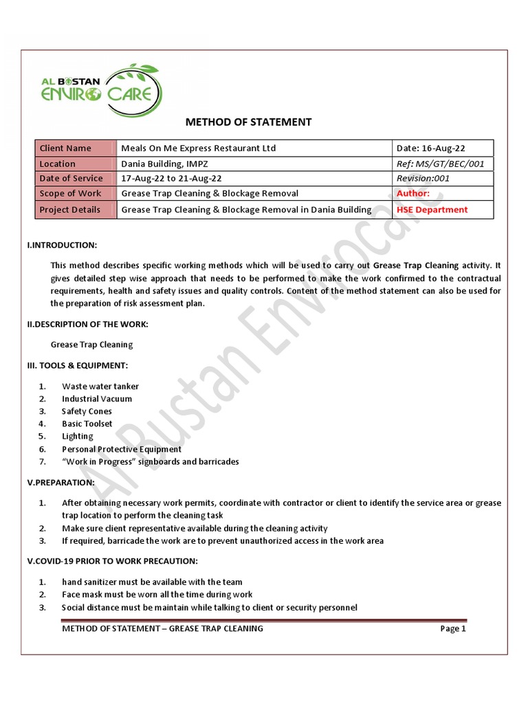 Method of Statement - Grease Trap Cleaning | PDF | Personal Protective ...
