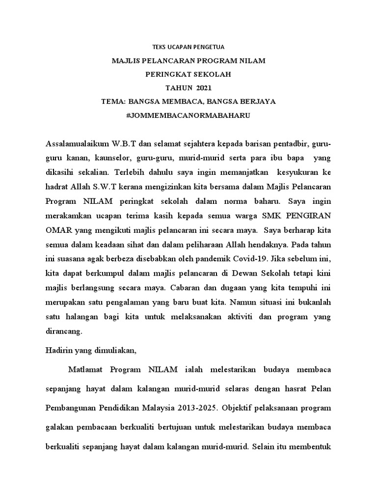 Teks Ucapan Pengetua - Pelancaran Nilam 2021 | PDF