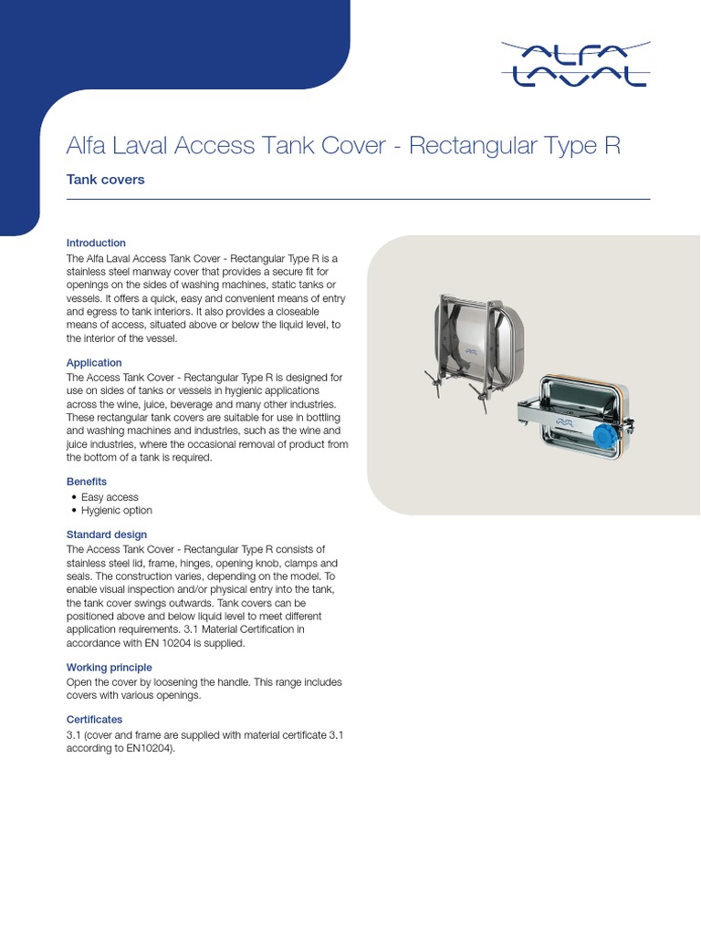 Alfa Laval Access Tank Cover - Rectangular Type R | PDF | Manufactured ...