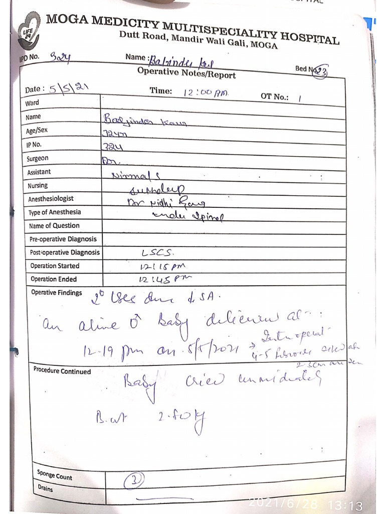 Operative Notes and Post Operative Care Plan | PDF