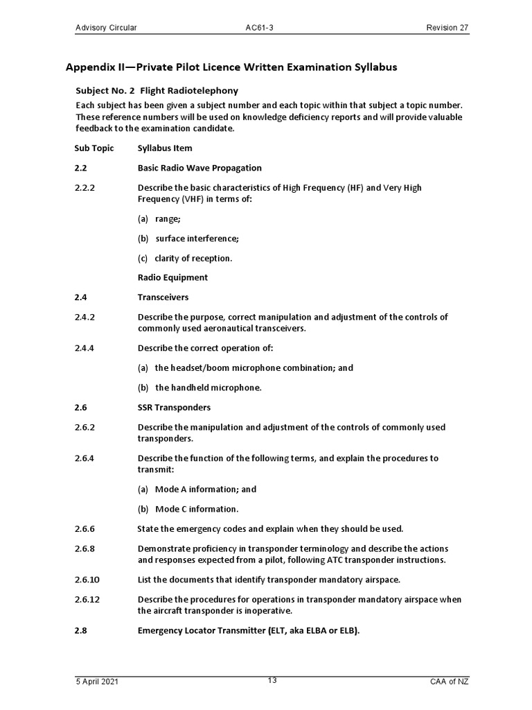 Appendix II-Private Pilot Licence Written Examination Syllabus ...