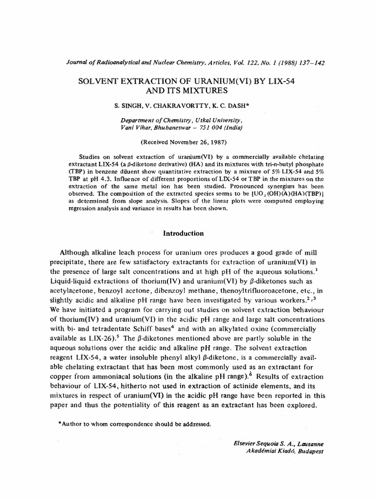 Solvent Extraction of Uranium (VI) by LIX-54 and Its Mixtures Singh1988 ...