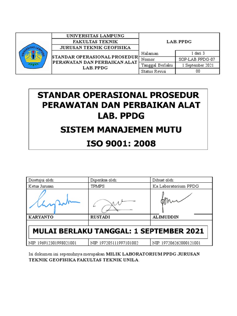 SOP Perawatan Alat Lab PPDG UNILA | PDF
