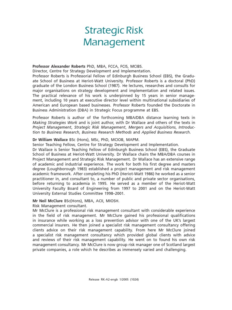 Strategic Risk Management: Professor Alexander Roberts PHD, Mba, Fcca, Fcis, Mcibs | PDF | Risk ...