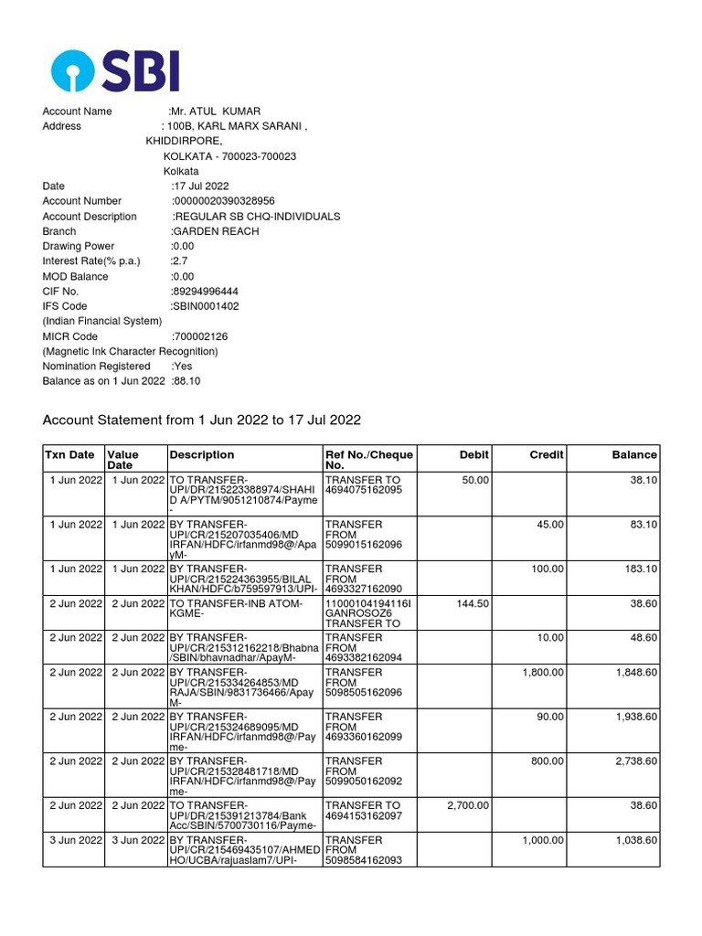 Account Statement From 1 Jun 2022 To 17 Jul 2022: TXN Date Value Date Description Ref No./Cheque ...