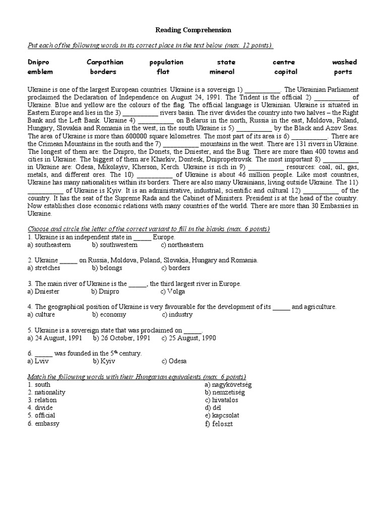 Ukraine Reading Comprehension Worksheet | PDF | Ukraine | Europe