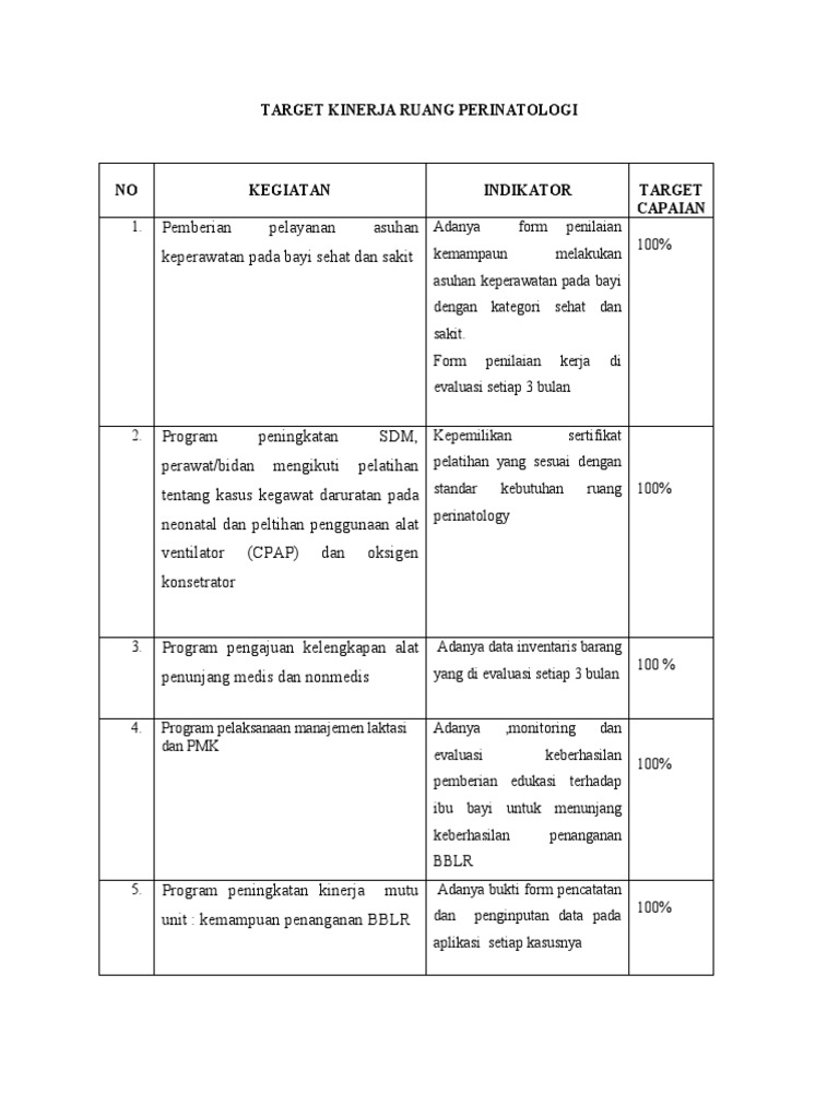 Target Kinerja Ruang Perinatologi | PDF