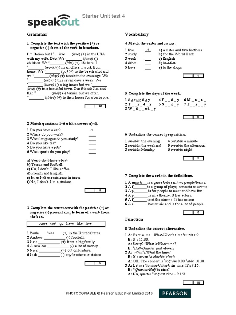 Starter Unit Test 4: Grammar Vocabulary | PDF | Cognitive Science ...