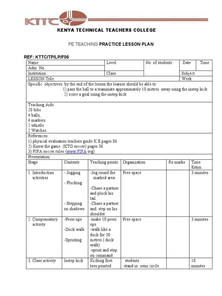 PE lesson plan | PDF | Association Football | Lesson Plan