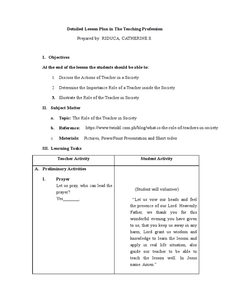 Teacher Activity Student Activity A. Preliminary Activities I. Prayer ...