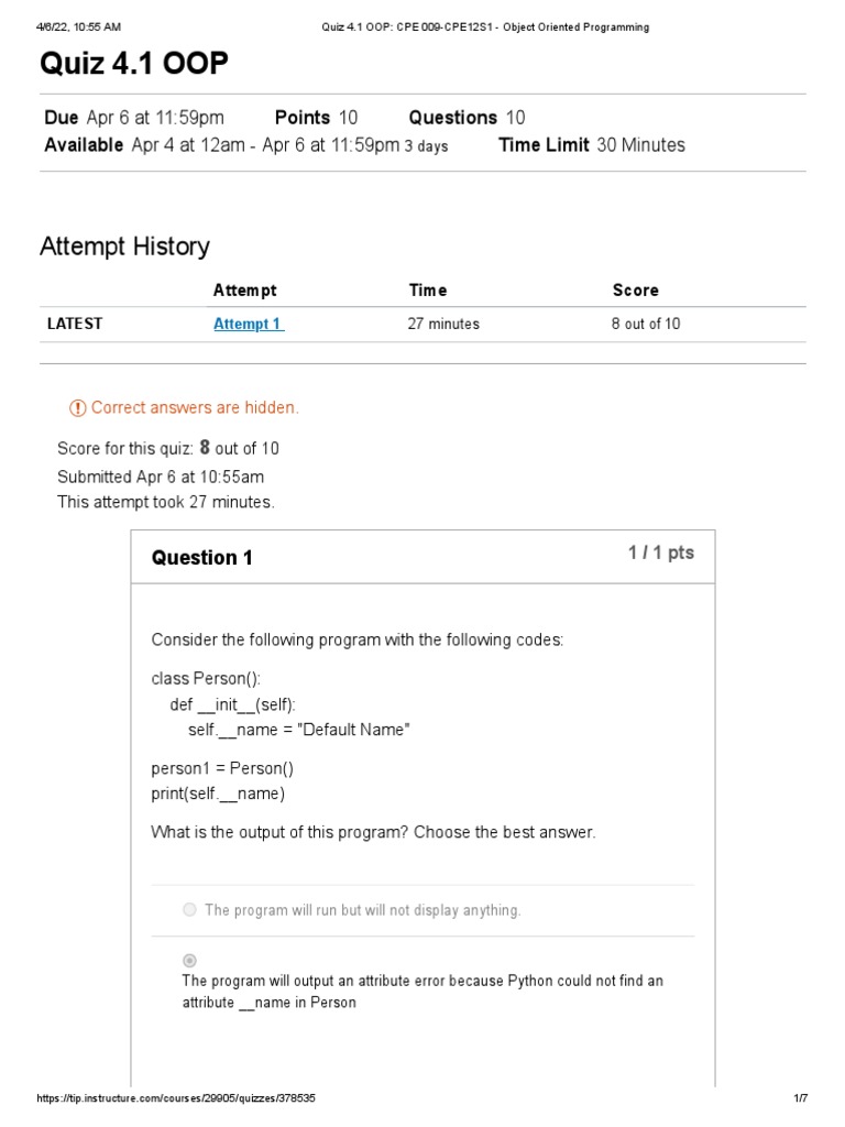 Quiz 41 Oop Cpe 009 Cpe12s1 Object Oriented Programming Pdf Object Oriented Programming