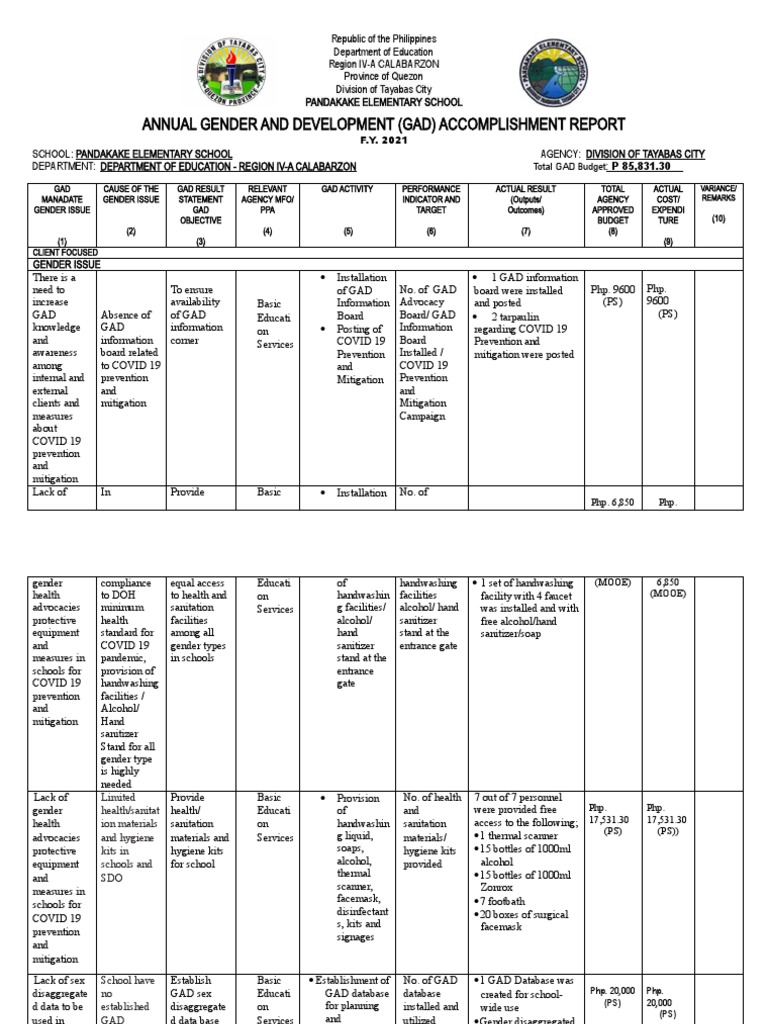 GAD-Accomplishment-Report-2021 | PDF | Hand Washing | Disinfectant