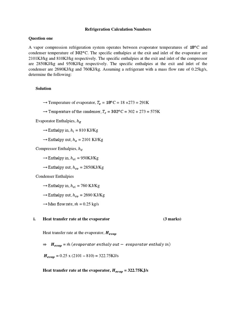 Refrigeration Calculation Numbers | PDF | Enthalpy | Refrigeration
