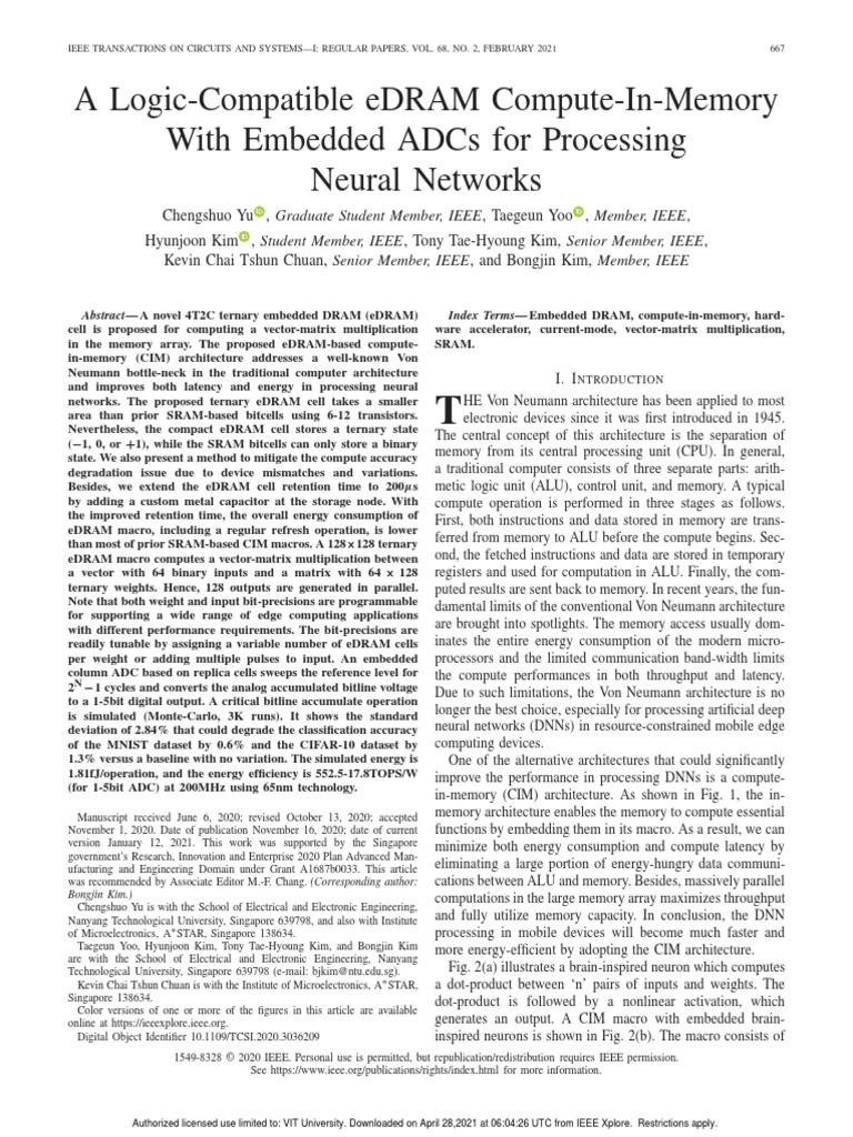 A Logic Compatible Edram Compute In Memory With Embedded Adcs For Processing Neural Networks