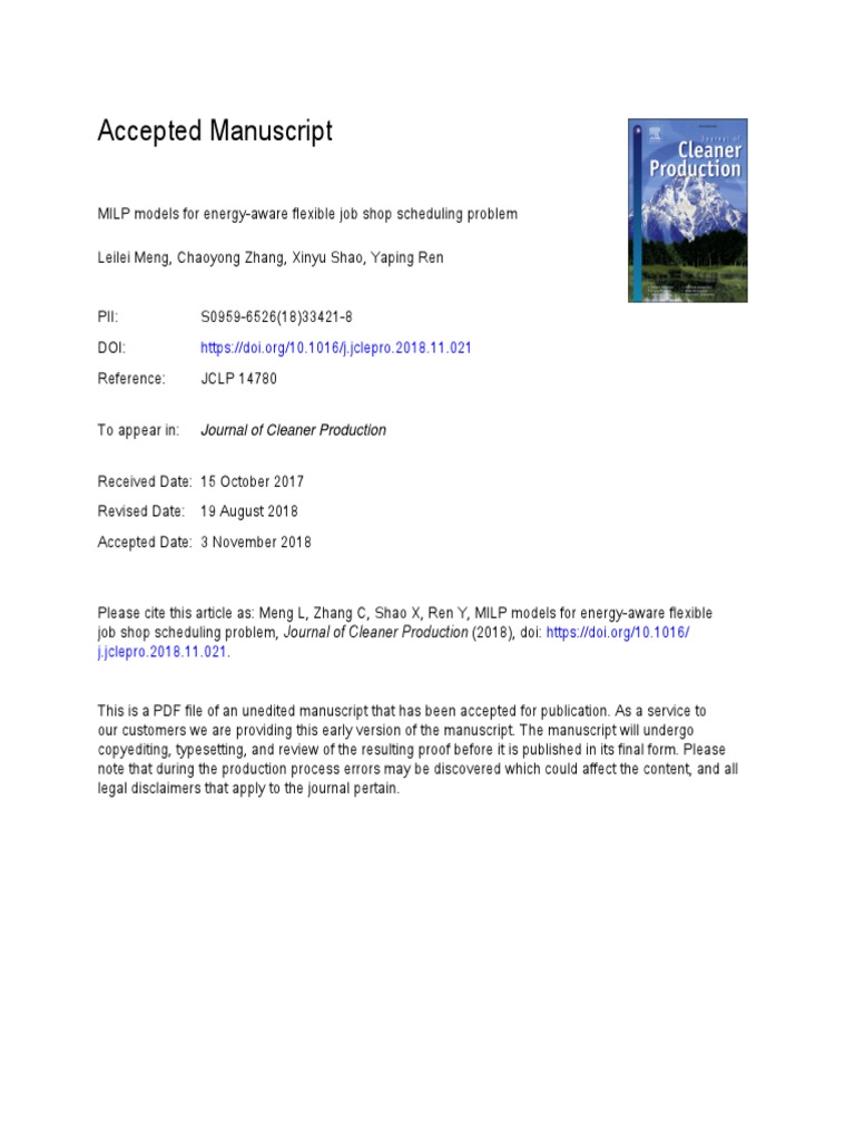 MILP Models For Energy-Aware Flexible Job Shop Scheduling Problem | PDF | Metaheuristic ...