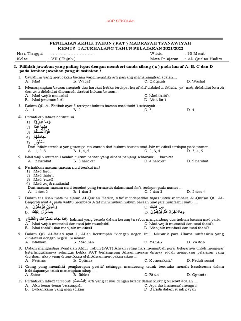 Fix Soal PAT Qurdis 7 Ok | PDF
