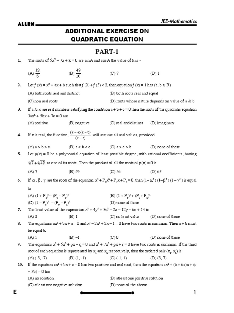 Additional Exercise Quadratic Equation Student Pdf Quadratic