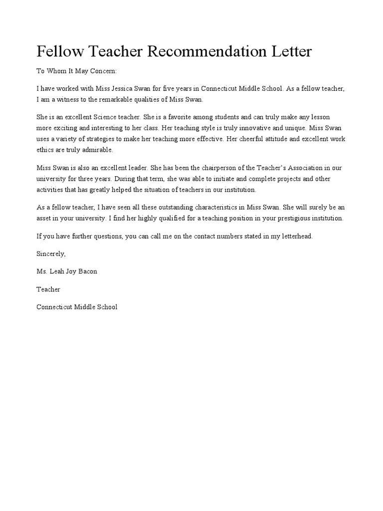 Fellow Teacher Recommendation Letter 7 | PDF