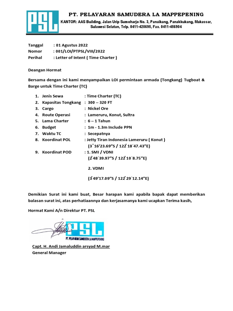LOI untuk Penyewaan Armada Kapal Tongkang dan Tugboat untuk ...