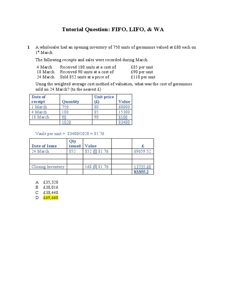 Tutorial Question: FIFO, LIFO, & WA | PDF | Inventory | Microeconomics