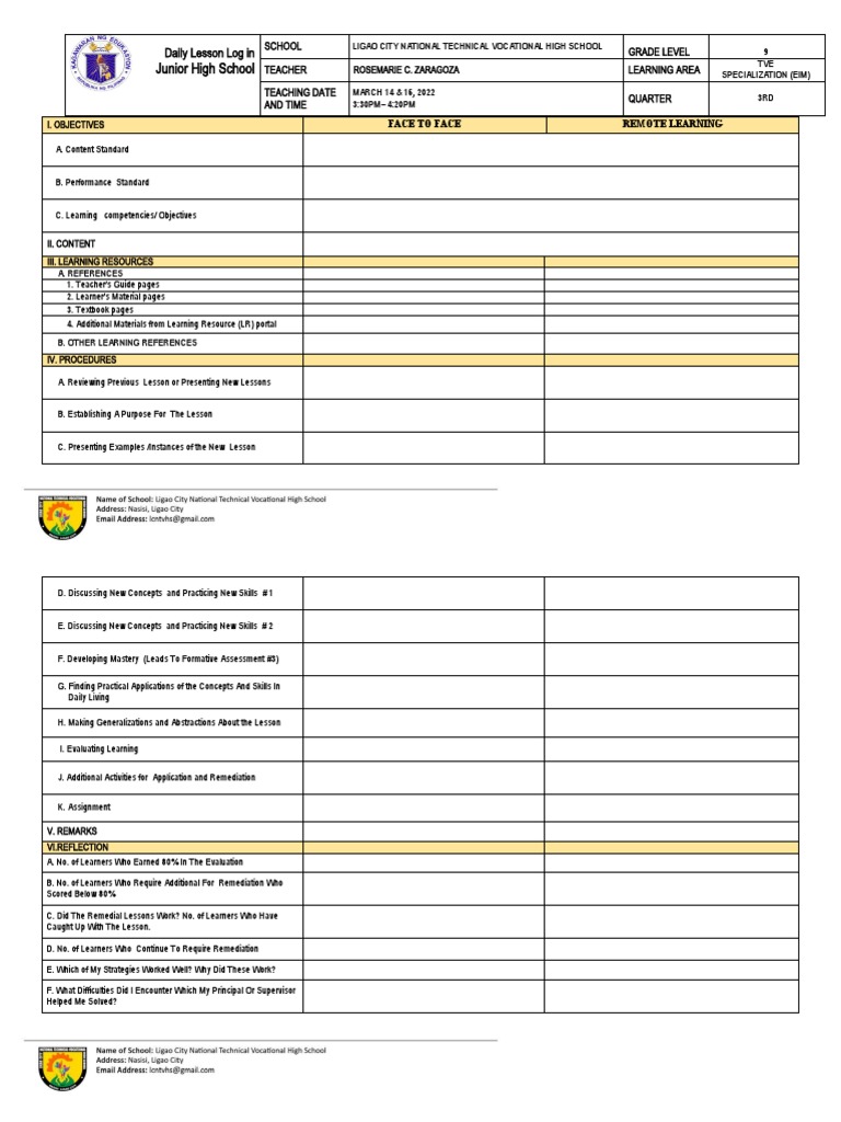 Grade 9 TVE Daily Lesson Log | PDF | Teachers | Learning
