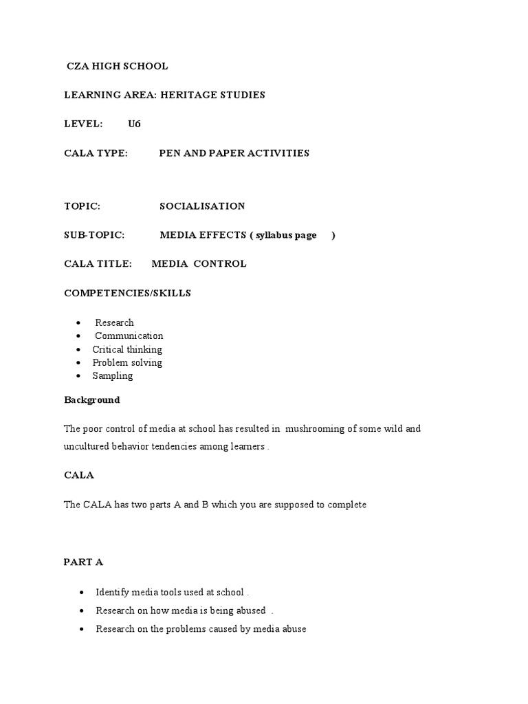 Cza High School Learning Area: Heritage Studies Level: U6 Cala Type ...