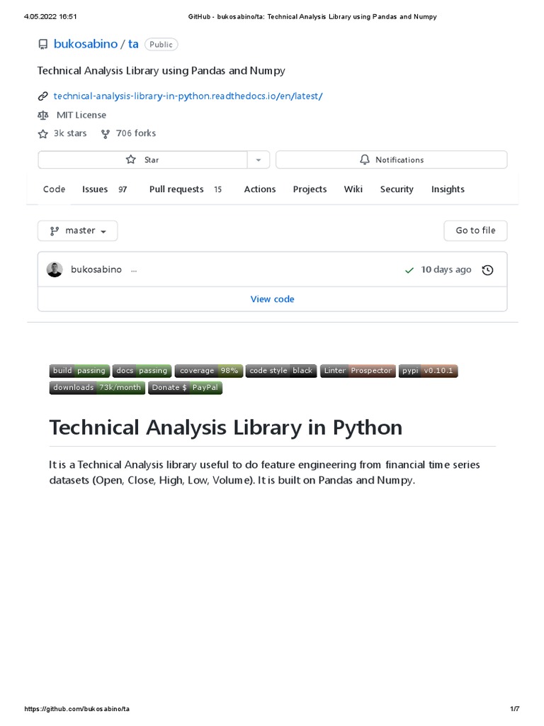 GitHub - Bukosabino - Ta - Technical Analysis Library Using Pandas and Numpy | PDF | Moving ...