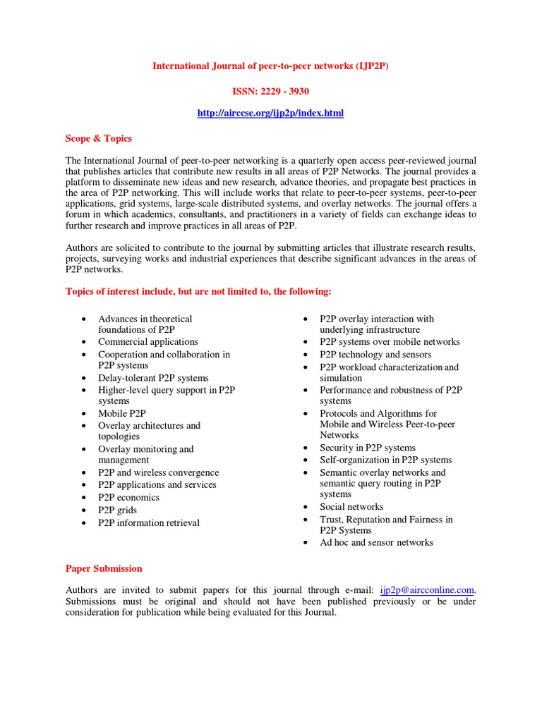 International Journal of Peer-To-Peer Networks (IJP2P) | PDF | Peer To Peer | Academic Journal