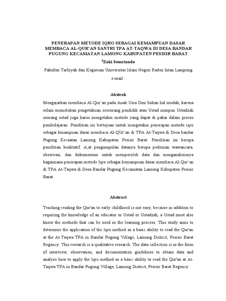 Penerapan Metode Iqro Sebagai Kemampuan Dasar Membaca Al | PDF Penerapan Metode Iqro Sebagai Kemampuan Dasar Membaca Al | PDF