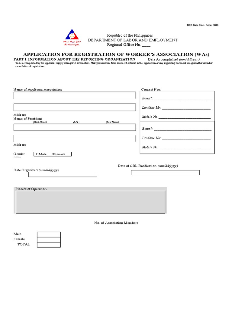 BLR Form No. 4 Series 2016 Workers Associations Operating in One Region ...